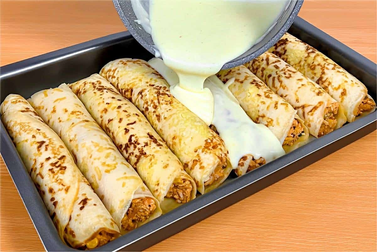 Panqueca de frango com molo branco deliciosa e perfeita para o seu almoço